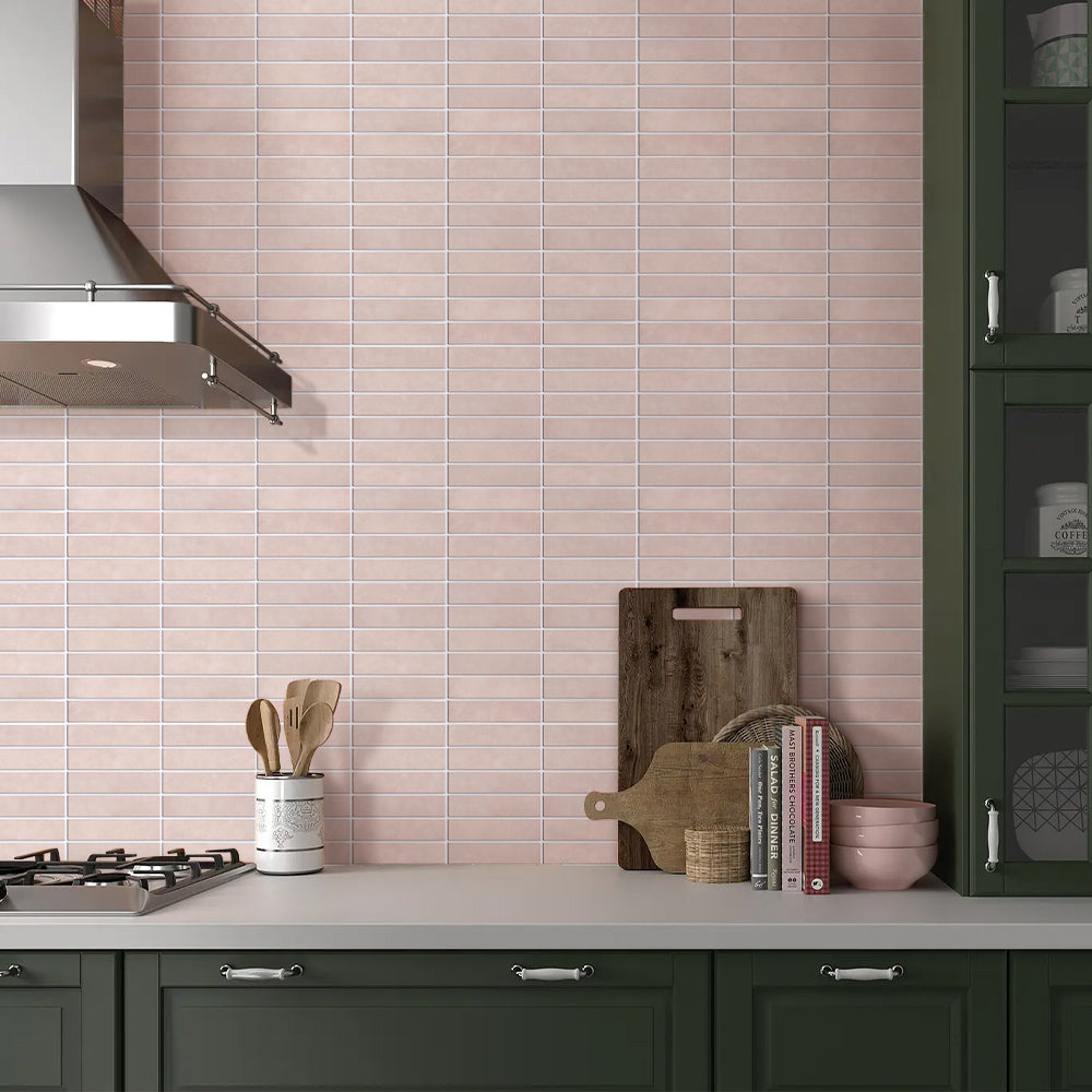 3D Blush Pink Matt Straight Linear Mosaic Peel and Stick Wall Tile Commomy