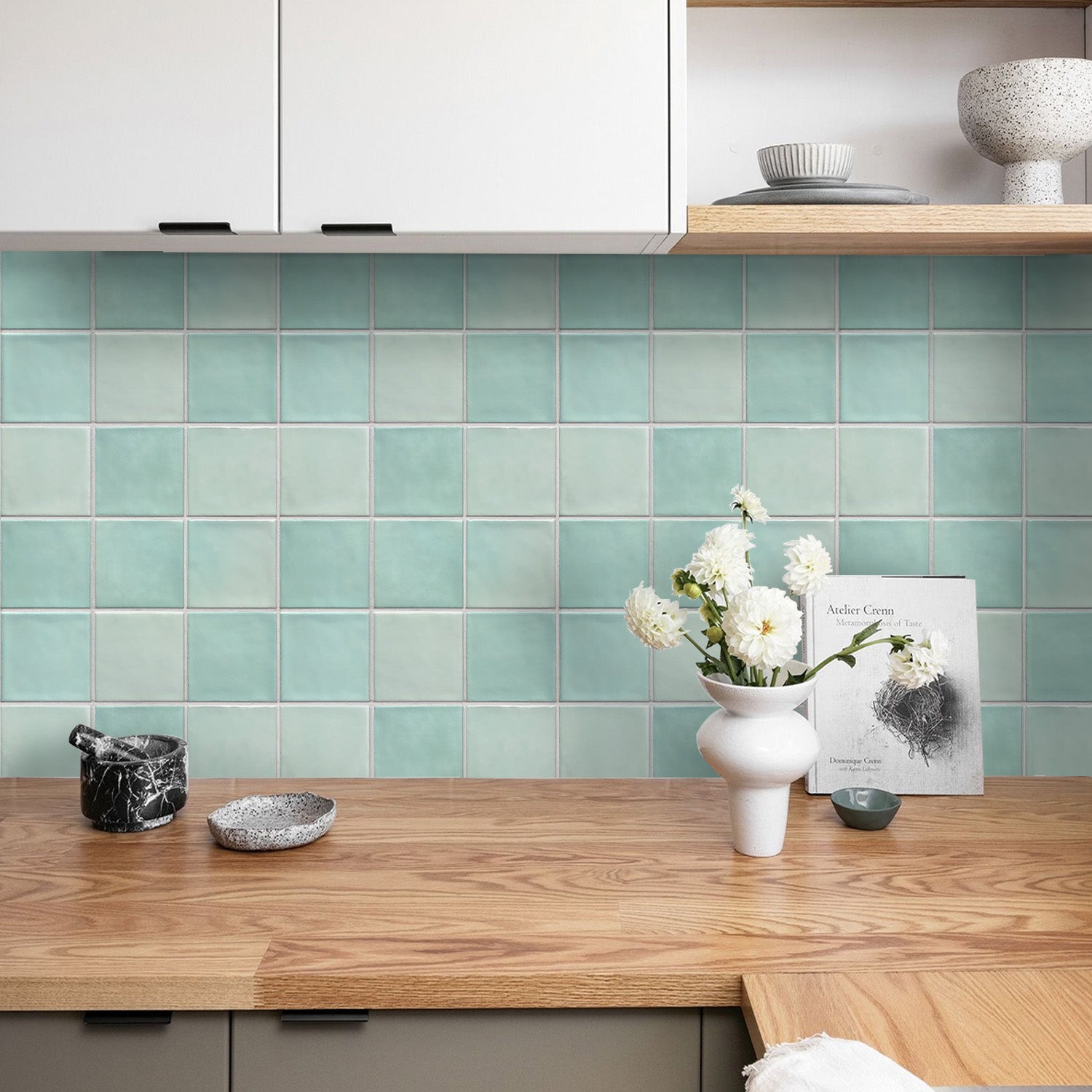 3D Light Teal Green Ceramic Square Peel and Stick Wall Tile – Commomy