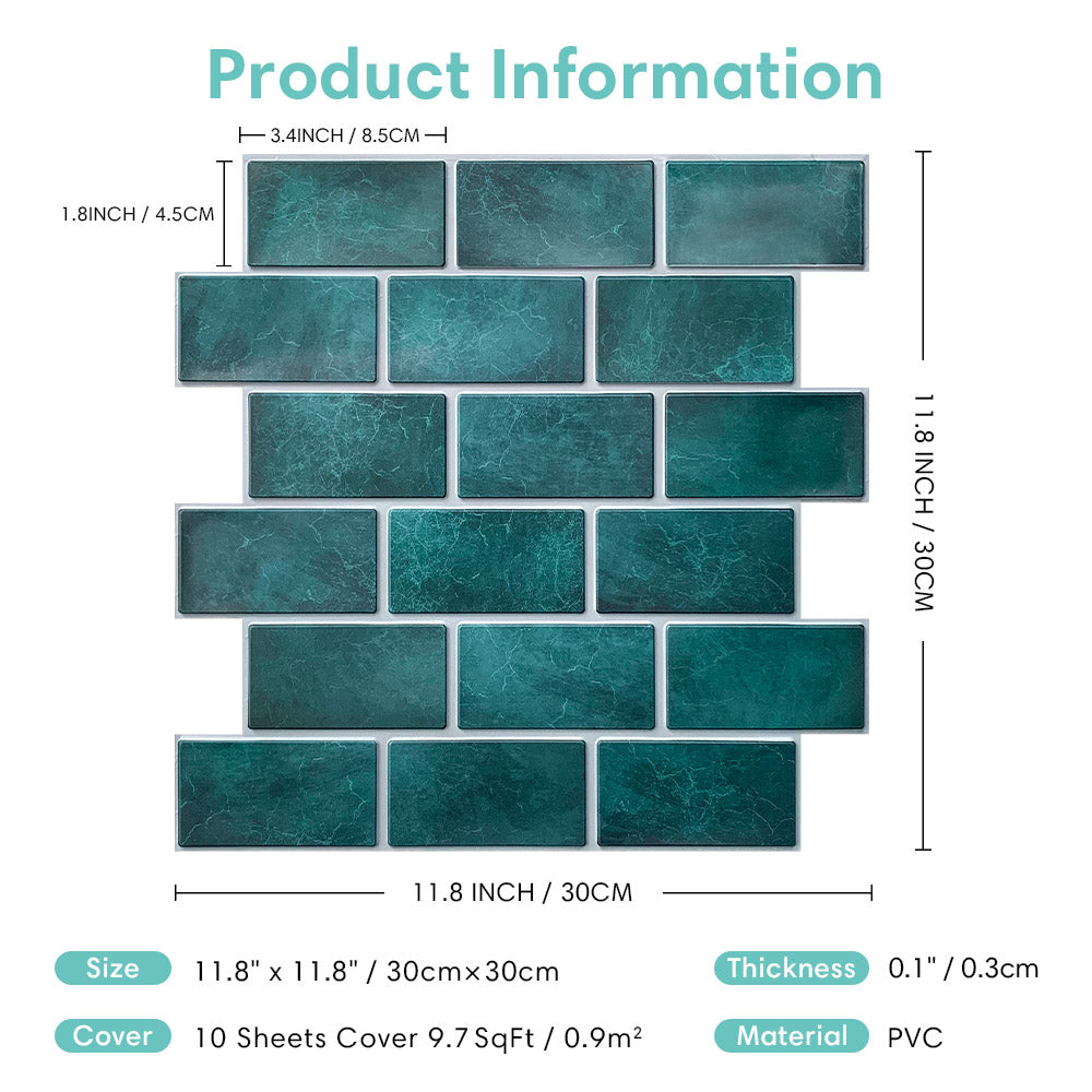 3D Peacock Blue Ceramic Brick Peel and Stick Wall Tile – Commomy