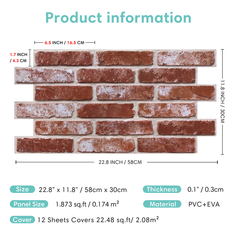 3D Rustic Red Brick Wall Panels Peel and Stick -Large Size – Commomy