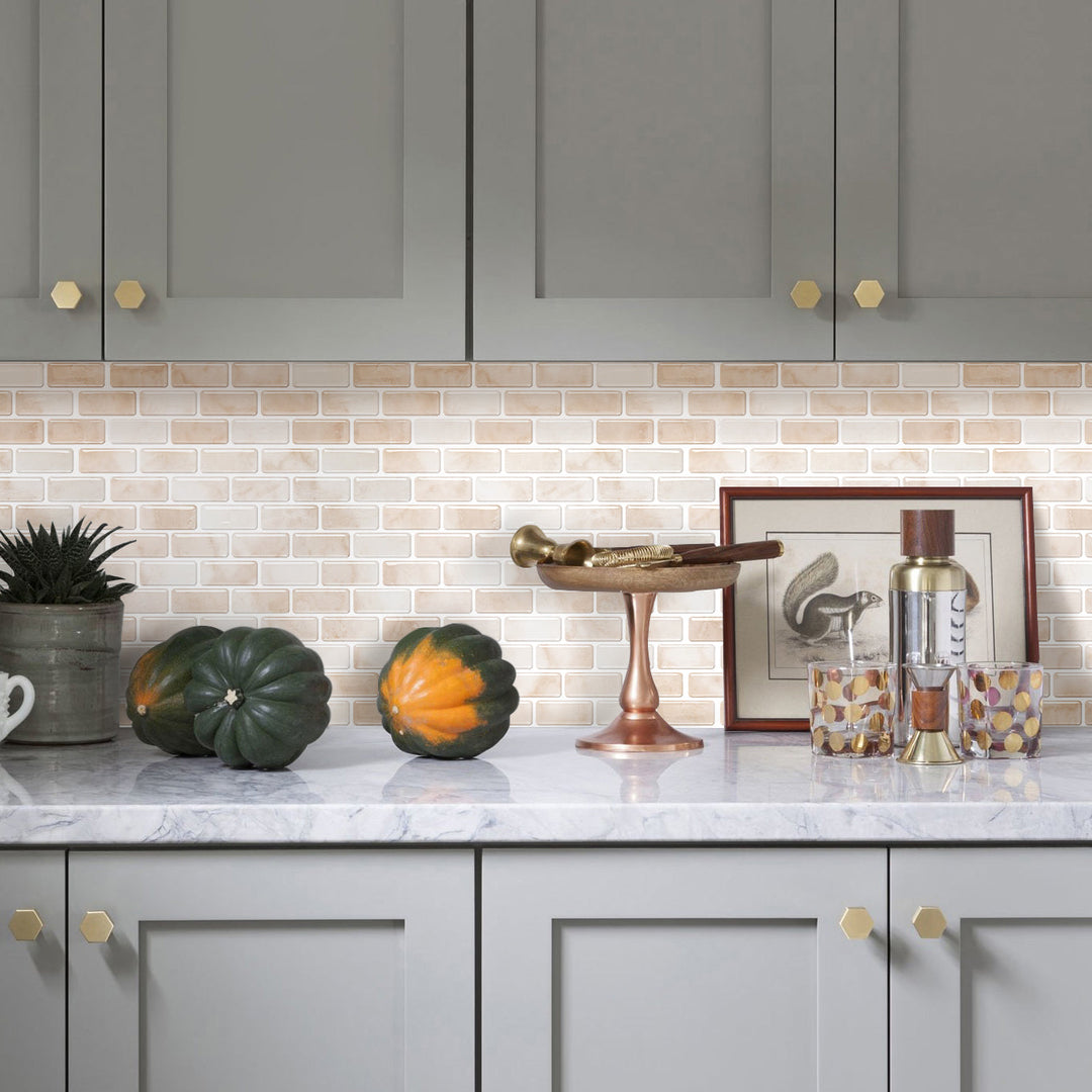 beige tile backsplash