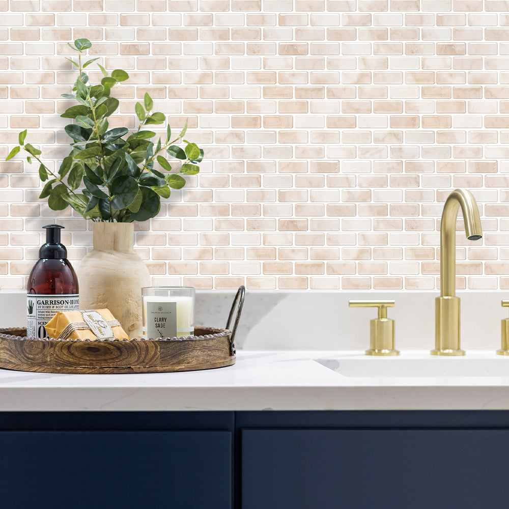 beige tile backsplash