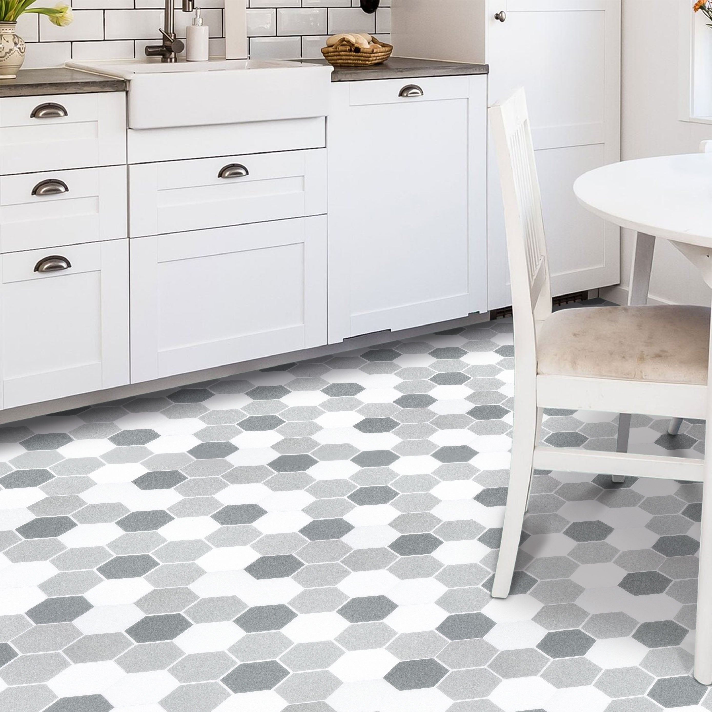 Grey and White Hexagon Peel and Stick Vinyl Floor Tile Sticker – Commomy