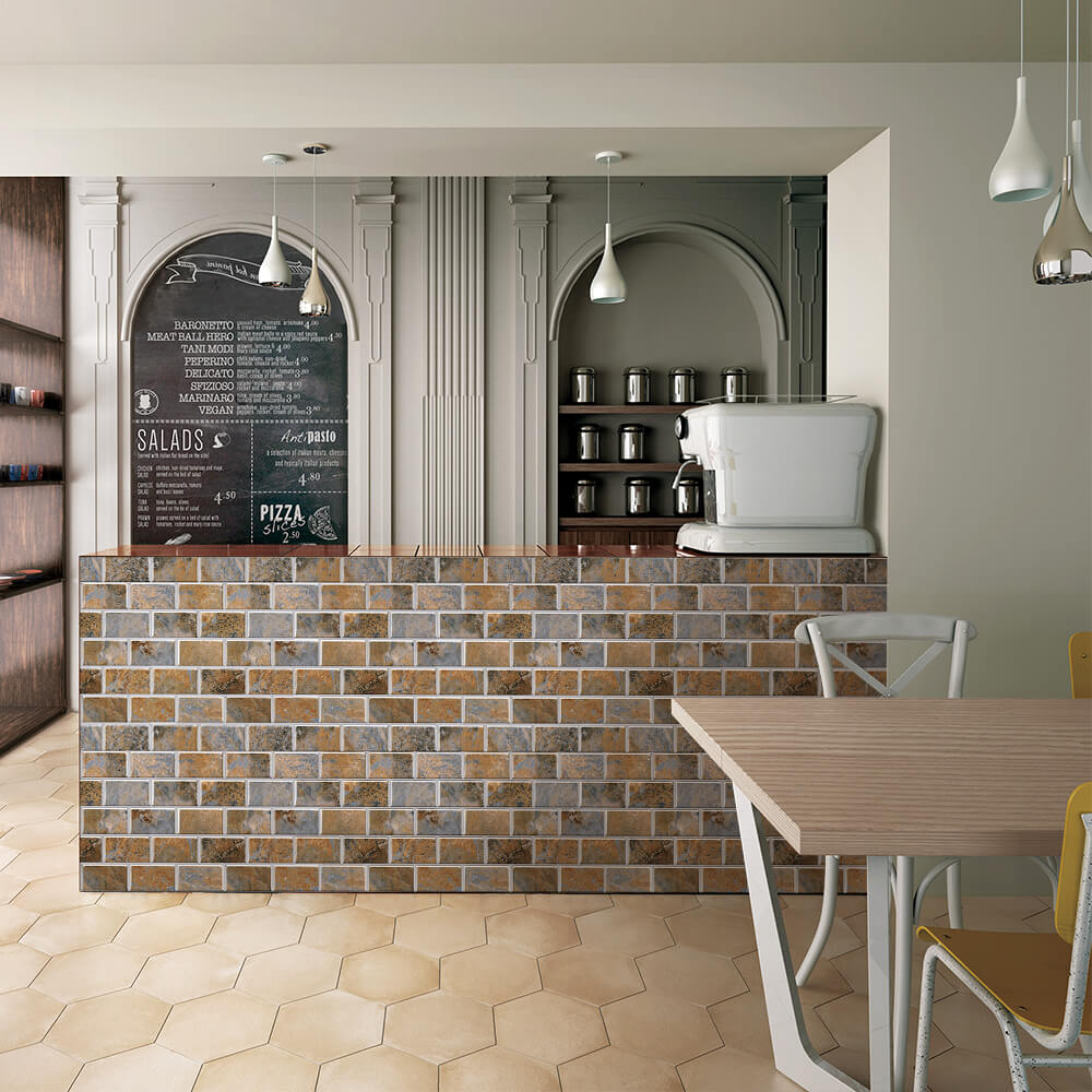 brown marble tile backsplash